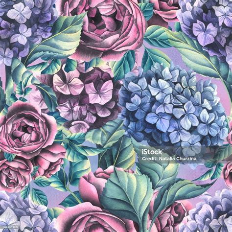잎이 있는 수국과 장미 꽃은 라일락 배경에 큽니다 수채화 그림입니다 웨딩 플라워 컬렉션의 매끄러운 패턴 장식 및 디자인 종이
