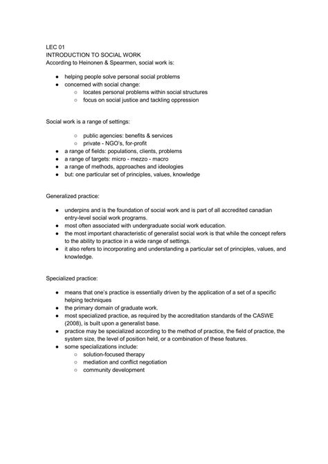 Introduction To Social Work Lecture Notes Swrk1000h Introduction To