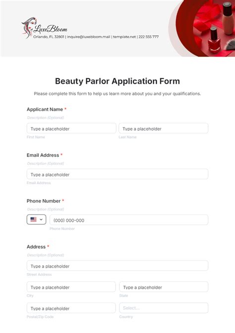 Free Beauty Parlor Application Form Template To Edit Online