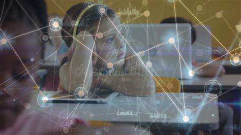 Animation Of Network Of Connections With Data Processing Over Caucasian Schoolgirl Using Tablet