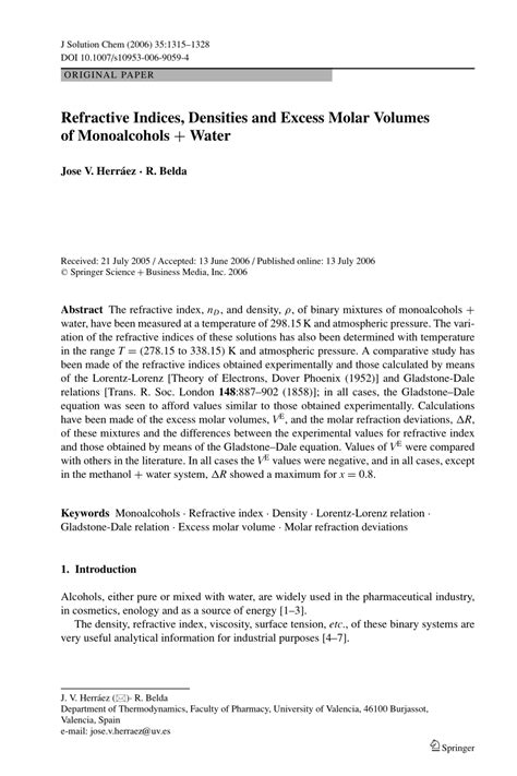 Pdf Refractive Indices Densities And Excess Molar Volumes Of