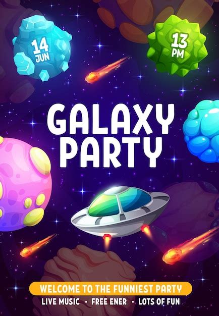 Galaxy Party Flyer With Cartoon Ufo And Planets Premium Vector