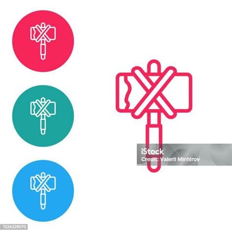 흰색 배경에 격리 된 빨간색 줄 중세 도끼 아이콘 전투 도끼 실행자 도끼 중세 무기 원 버튼에 아이콘을 설정합니다 벡터 강철에