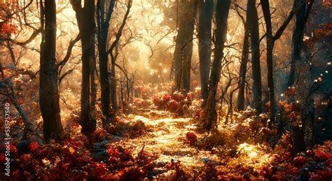 Colorful Very Beautiful Fall Forest At Night With An Epic Fall Foliage