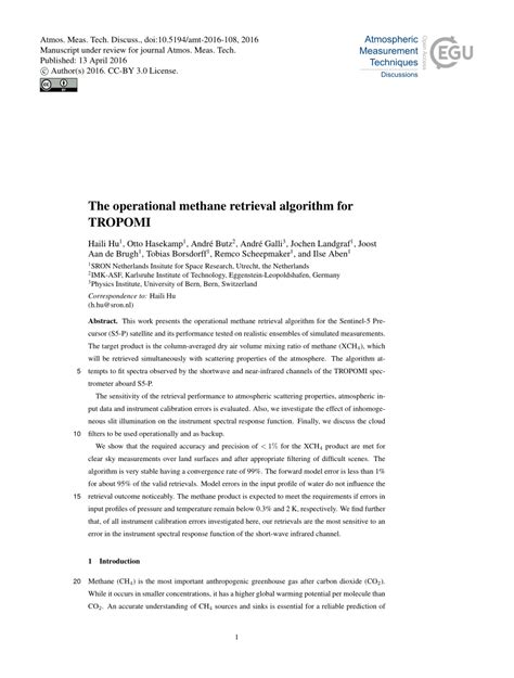 Pdf The Operational Methane Retrieval Algorithm For Tropomi