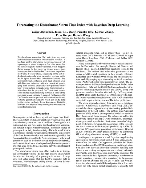 Pdf Forecasting The Disturbance Storm Time Index With Bayesian Deep Learning