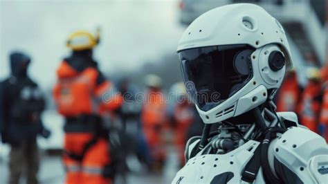 Humanoid Robot With Rescue Workers At Emergency Site During Daytime Stock Image Image Of
