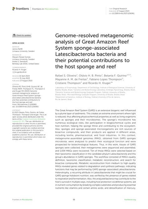 Pdf Genome Resolved Metagenomic Analysis Of Great Amazon Reef System Sponge Associated