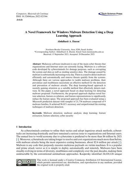 PDF A Novel Framework For Windows Malware Detection Using A Deep Learning Approach