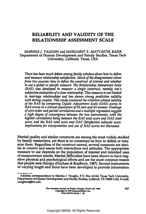 pdf reliability and validity of the relationship assessment scale