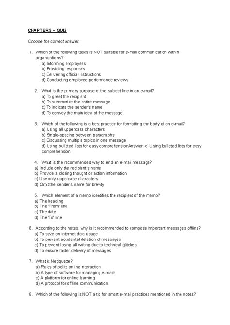 Chapter 3 Quiz CHAPTER 3 QUIZ Choose The Correct Answer 1 Which Of The Following Tasks