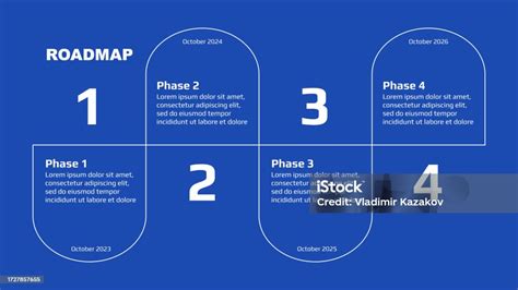 파란색 배경에 구불구불한 단계가 있는 로드맵 비즈니스 프레젠테이션을 위한 수평 인포그래픽 타임라인 템플릿입니다 벡터 인포그래픽에 대한 스톡 벡터 아트 및 기타 이미지