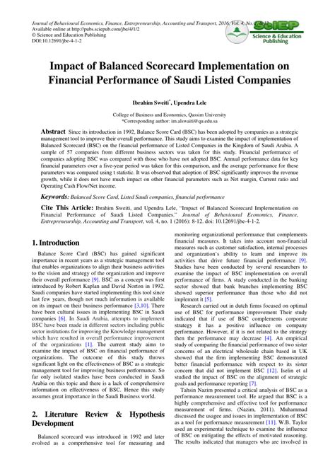 Pdf Impact Of Balanced Scorecard Implementation On Financial Performance Of Saudi Listed Companies