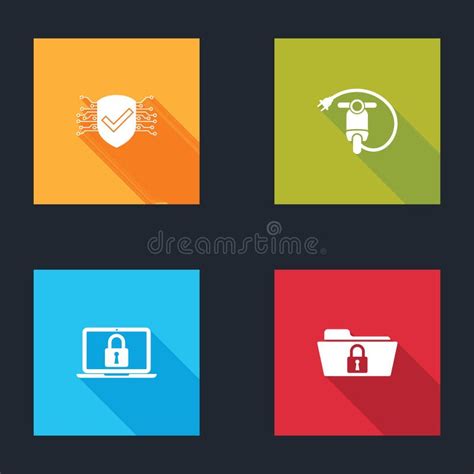 Set Cyber Security Electric Scooter Laptop And Lock And Folder Icon Vector Stock Vector