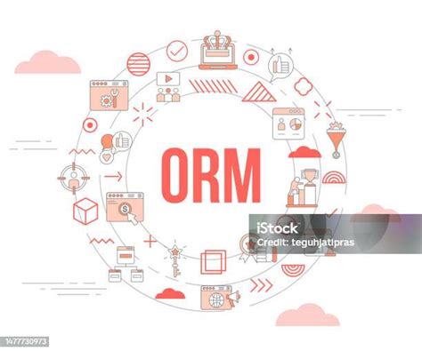 Orm 온라인 평판 관리 개념 아이콘 세트 템플릿 배너 및 원형 원형 모양 개념에 대한 스톡 벡터 아트 및 기타 이미지 개념