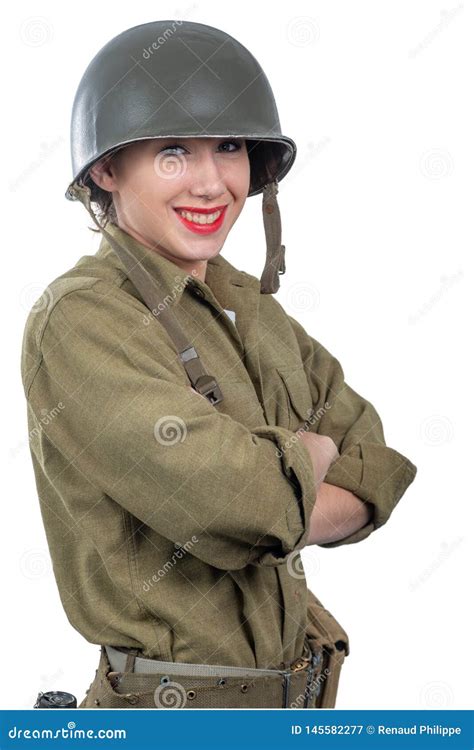 H Bsche Junge Frau Gekleidet In Der Milit Runiform Des Amerikaners Ww2 Mit Sturzhelm M1