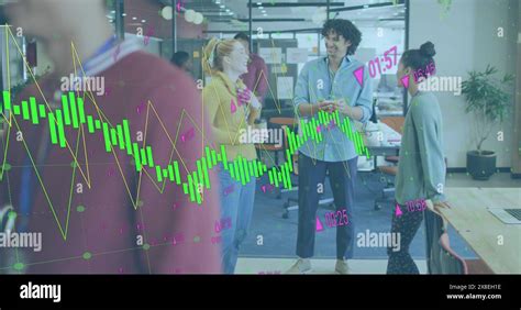 Image Of Statistical Data Processing Against Group Of Diverse Colleagues Discussing At Office