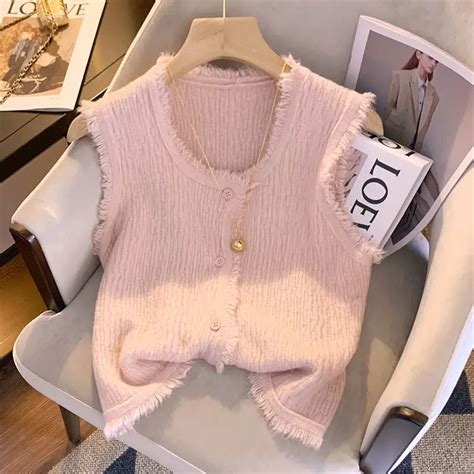 Womens Knitted Top Round Neck Winter Button Vest Sweater Pink Crochet