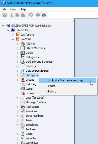 what are the options for duplicate file names in a solidworks pdm vault