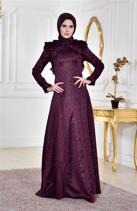 فستان سهرة بتصميم لامع 8035 03 لون خمري 8035 03 Sefamerve