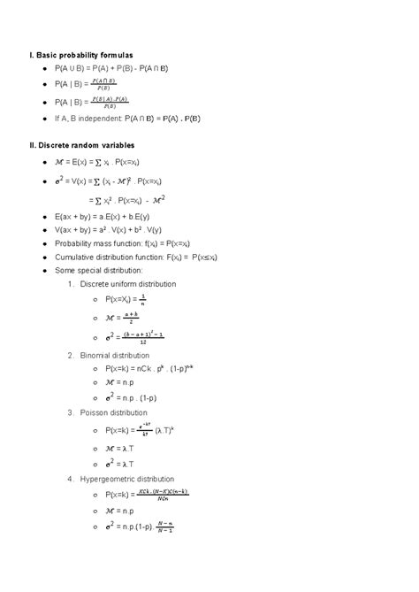 Summary-MAS291-1 - I. Basic probability formulas P(A ⋃ B) = P(A) + P(B) - P(A ⋂ B) P(A | B ...