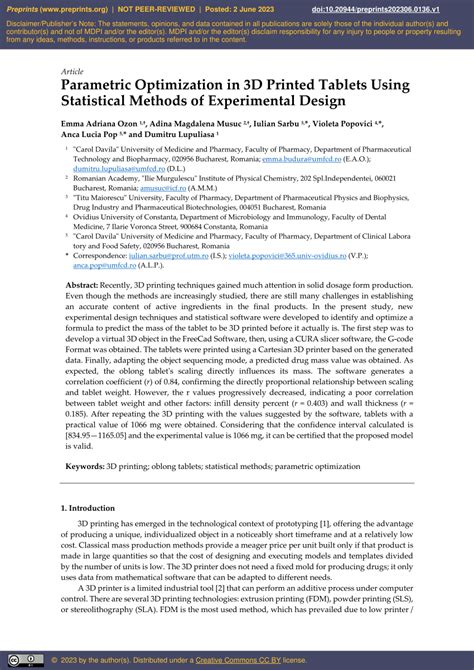 pdf parametric optimization in 3d printed tablets using statistical