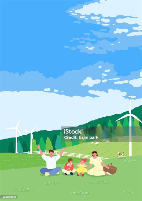 푸른 하늘과 화창한 봄날에 목장이 있는 언덕에서 피크닉을 하는 가족의 배경 그림 가족에 대한 스톡 벡터 아트 및 기타 이미지 가족 야외 꽃 식물 Istock