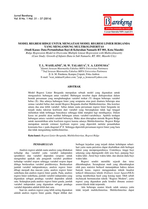 Pdf Model Regresi Ridge Untuk Mengatasi Model Regresi Linier Berganda Yang Mengandung