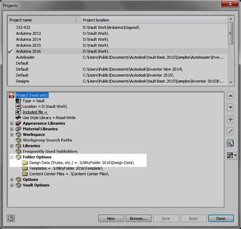the design data location set in application options