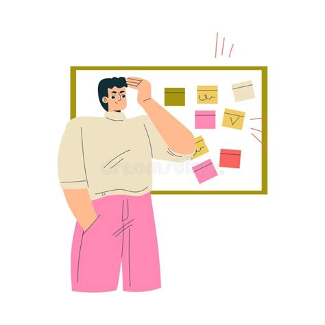 Multitasking Man Character Doing Multiple Task Look At Board With