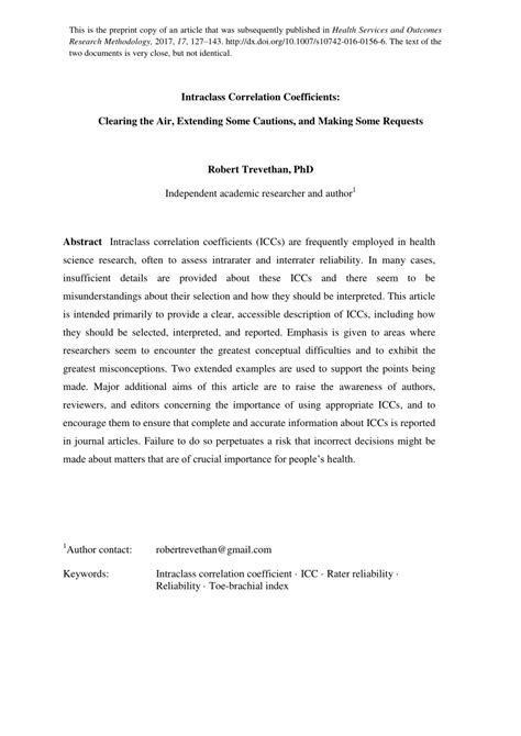 Pdf Intraclass Correlation Coefficients Clearing The Air Extending