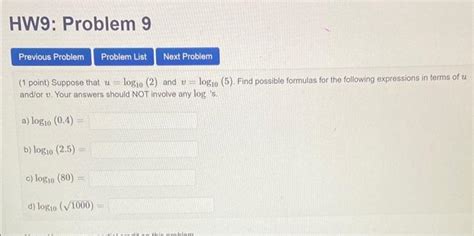 Solved 1 Point Suppose That U Log10 2 And V Log10 5
