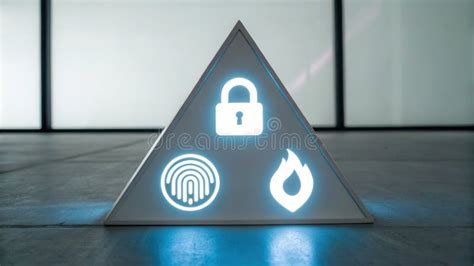 Illuminated Triangle Sign Displays Security Icons Including Lock Stock