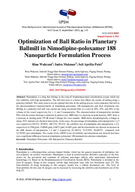 Pdf Optimization Of Ball Ratio In Planetary Ballmill In Nimodipine Poloxamer 188 Nanoparticle