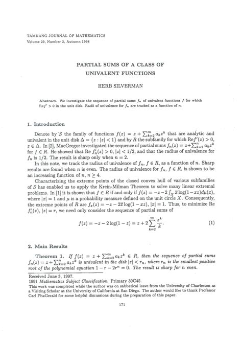 Pdf Partial Sums Of A Class Of Univalent Functions