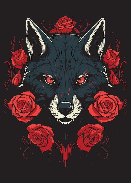 Premium Vector Illustration Of Wolf And Skull With Roses In Black And