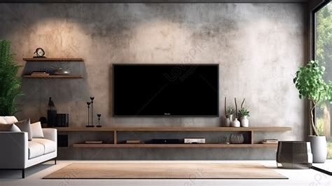 세련된 모르타르 랙 Tv와 세련된 시멘트 스크린 벽을 갖춘 현대적인 거실의 놀라운 3d 렌더링 Tv 배경 살다 배경 현대적