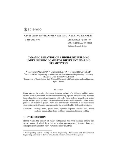 Pdf Dynamic Behavior Of A High Rise Building Under Seismic Loads For Different Bearing Frame Types