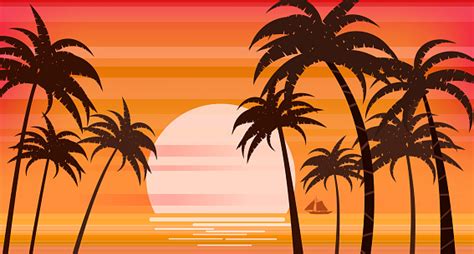 일몰 해변 야자수 실루엣 여름 열대 바다 바다 파노라마 다채로운 호리슨 오렌지 태양 바다 풍경 풍경 범선 벡터 일러스트 리 솔 러 포스터 전단지 초대 카드 배너 바다에 대한
