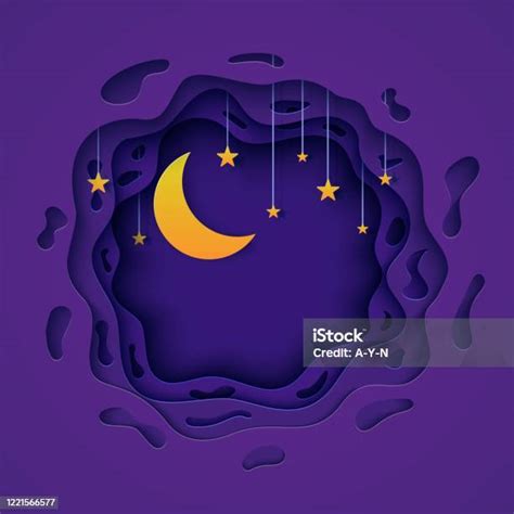 종이 컷 스타일의 둥근 보라색 모양의 밤 하늘 로프와 달 종이 컷 예술에 별보라색 흐린 풍경 3d 배경 종이 접기 자정 소원