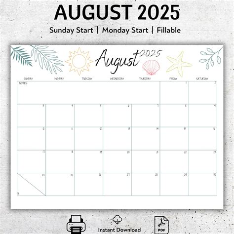 August 2025 Calendar Printable Minimalist Beach Design Editable Pdf
