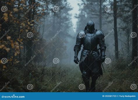 Medieval Knight Walking Through A Foggy Forest Path During The Early