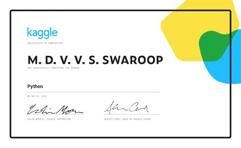 M D V V S Swaroop Completed The Python Course On Kaggle