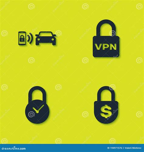 Set Smart Car Alarm System Money Lock Padlock With Clock And Lock Vpn Icon Vector Stock