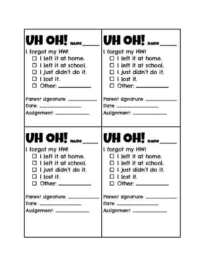 Uh Oh Missing Homework Slip By Purple And Gold Share Tpt