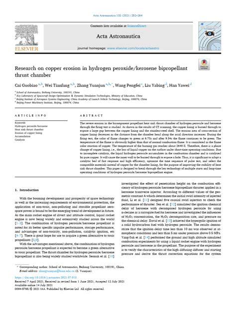 Research On Copper Erosion In Hydrogen Peroxide Kerosene Bipropellant Thrust Chamber Pdf