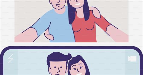 Selfie 평면 벡터 일러스트 레이 션입니다 사랑에 빠진 커플이 사진을 찍고 있습니다 미소 짓는 남자와 여자가 낭만적 인