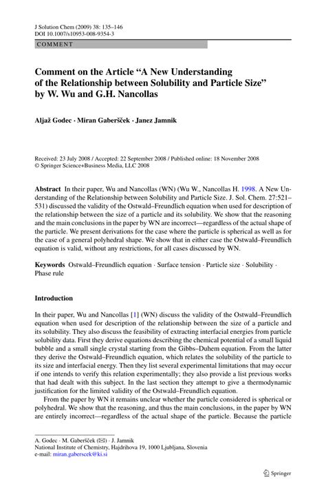 PDF Comment On The Article A New Understanding Of The Relationship Between Solubility And