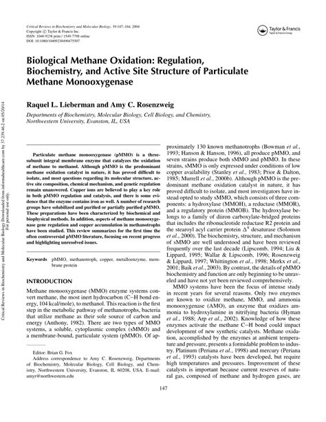 Pdf Biological Methane Oxidation Regulation Biochemistry And Active Site Structure Of