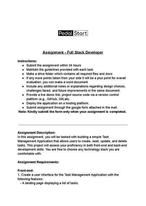 assignment for full stack developer pedal start assignment full